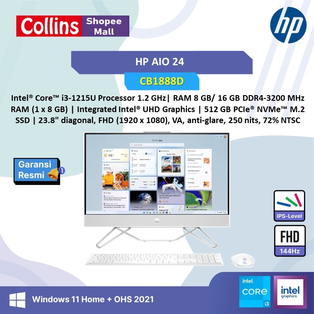 Jual HP PC ALL IN ONE 24 CB1888D INTEL I3 1215 RAM 8GB 512GB SSD 23.8 ...
