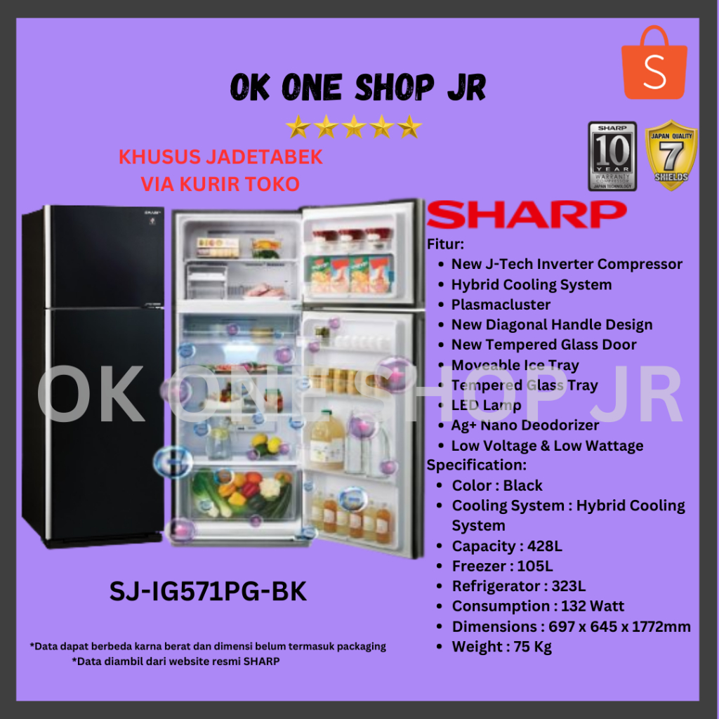Jual SHARP Kulkas 2 Pintu SJ-IG571PG-BK - 428 Grand Vetro SJ IG 571 PG BK | Shopee Indonesia