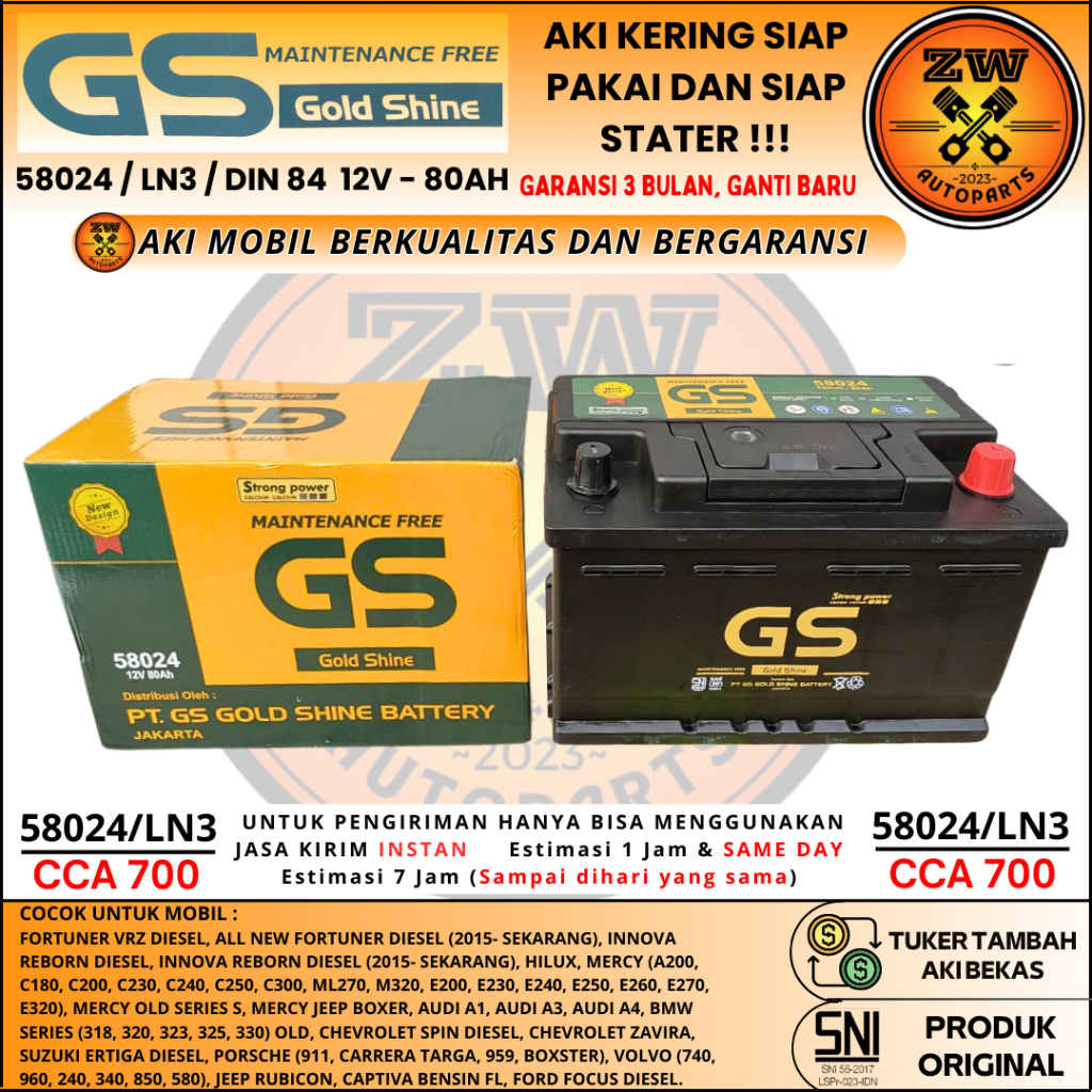 Jual AKI MOBIL BMW E36, E46, MERCY OLD SERIES E/S 58024 / DIN 84 GS MF 12V 80AH | Shopee Indonesia