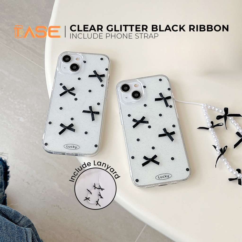 Jual Case Iphone 11 12 13 14 15 Pro Max Plus Clear Glitter Black Ribbon ...