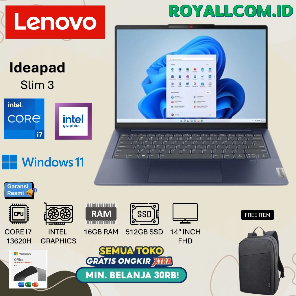 Jual LENOVO IdeaPad Slim 3 14IRH8 i7-13620H 16GB 512GB 14" FHD IPS W11 OHS | Shopee Indonesia