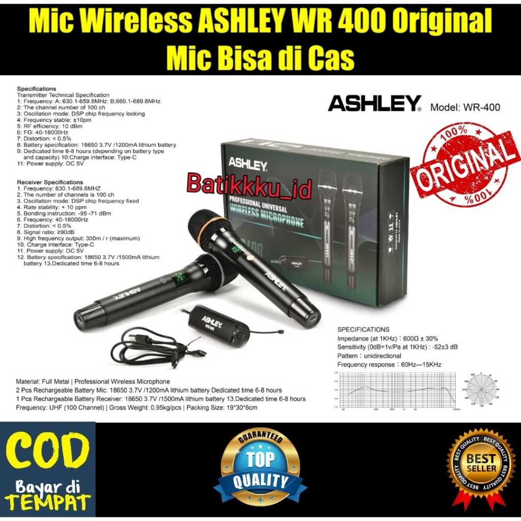 Jual Mic Wireless ASHLEY WR 400 WR400 Original Bisa di Cas Rechargeable ...