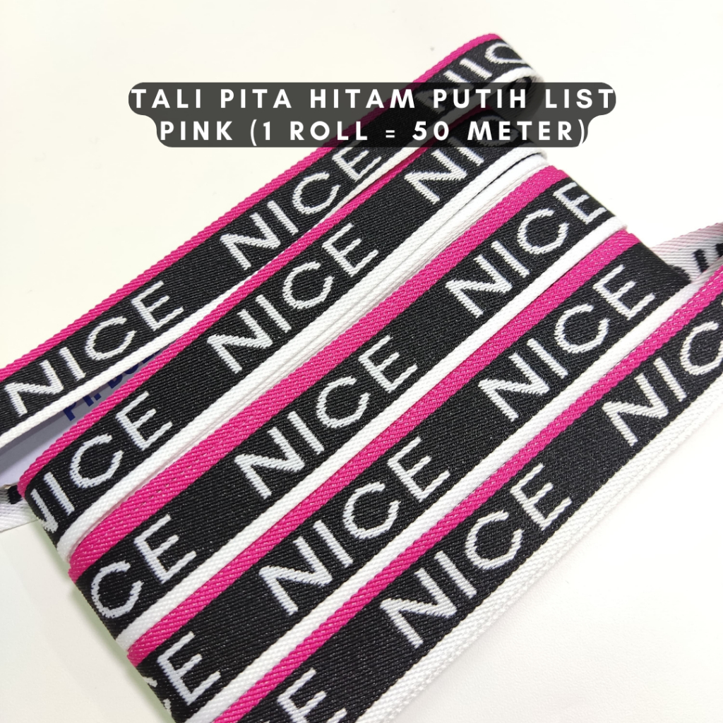 Jual Tali Pita Hitam Putih List Pink (1 roll = 50 meter) | Shopee Indonesia
