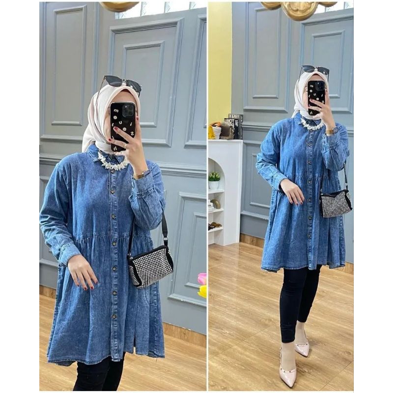 Jual Tunik Jeans Denim Oversize Full Kancing | Shopee Indonesia