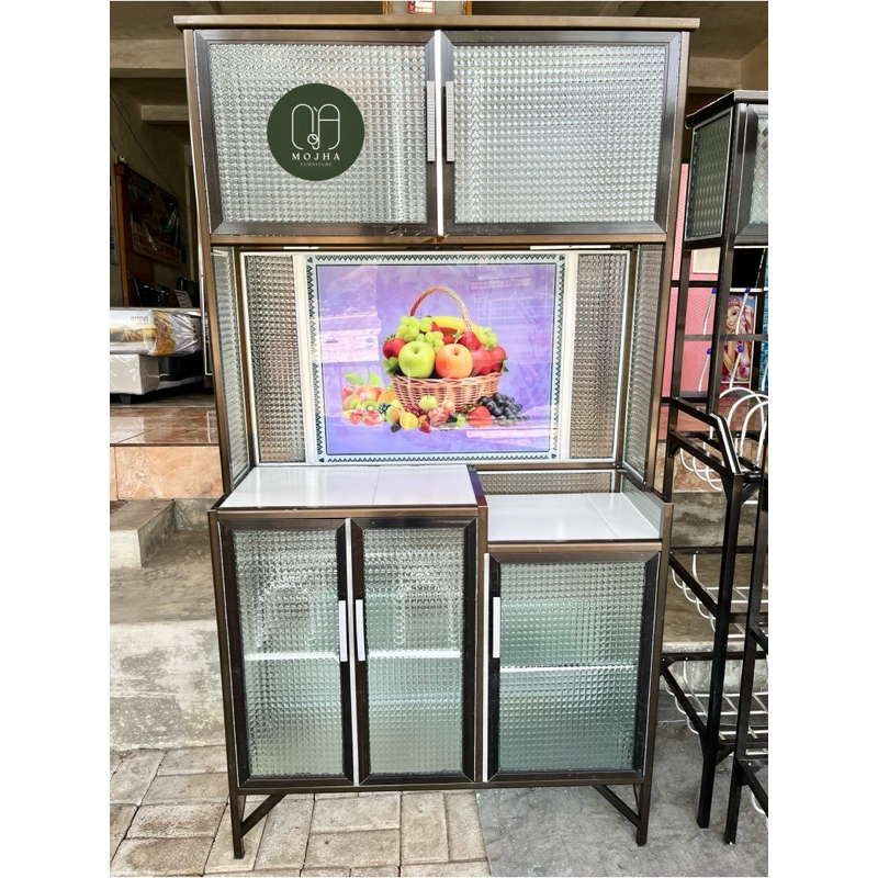 Jual RAK LEMARI PERKAKAS PIRING ALUMINIUM SILVER BROWN 3 PINTU KACA ...