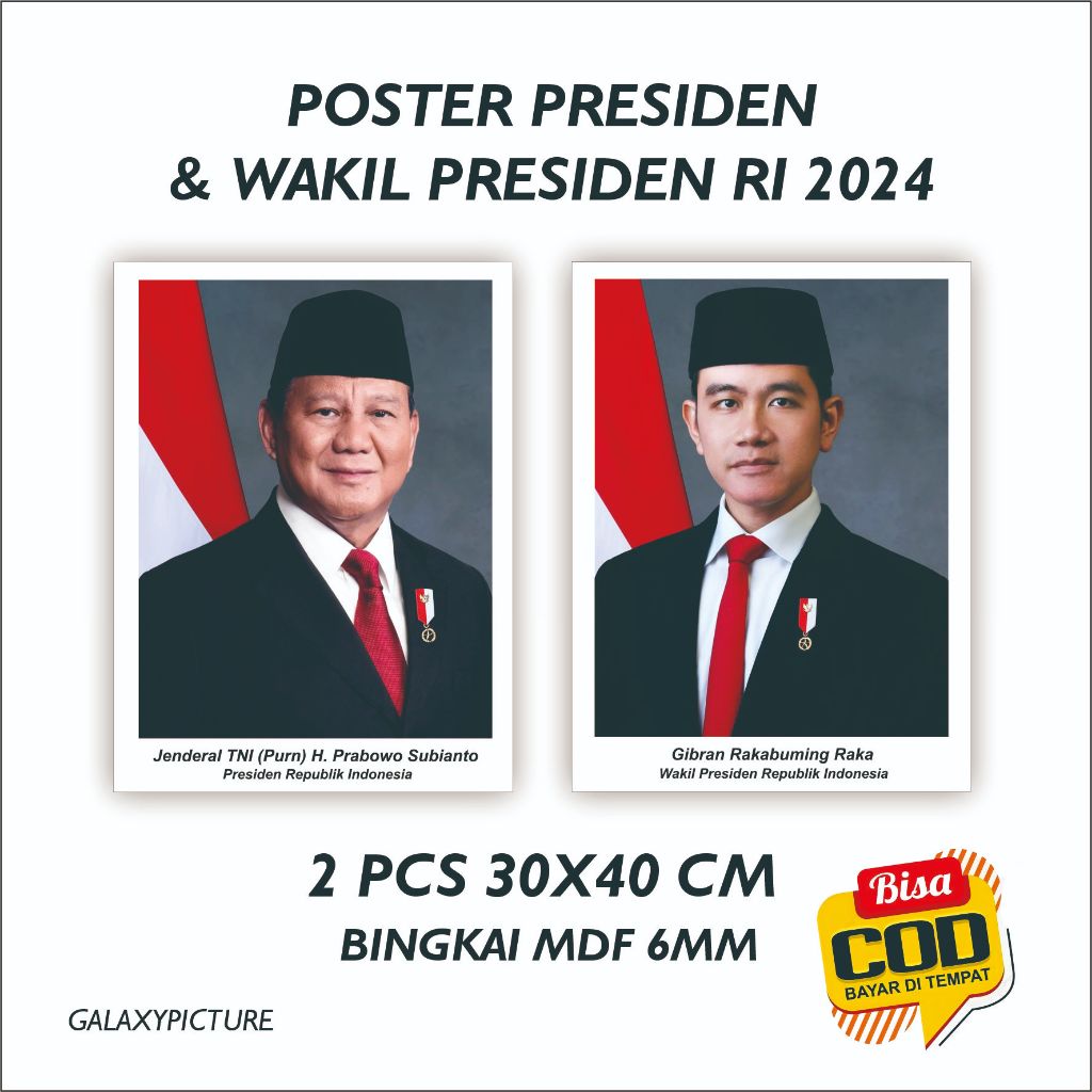 Jual Foto Poster + Bingkai MDF Presiden Dan Wakil Presiden RI 2024 - 2029 Prabowo Gibran ...