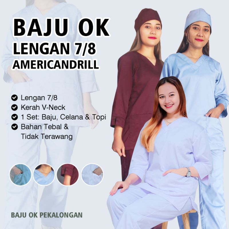 Jual Baju oka Lengan Panjang 7/8 Baju Ok perawat jaga scrub Petugas ...