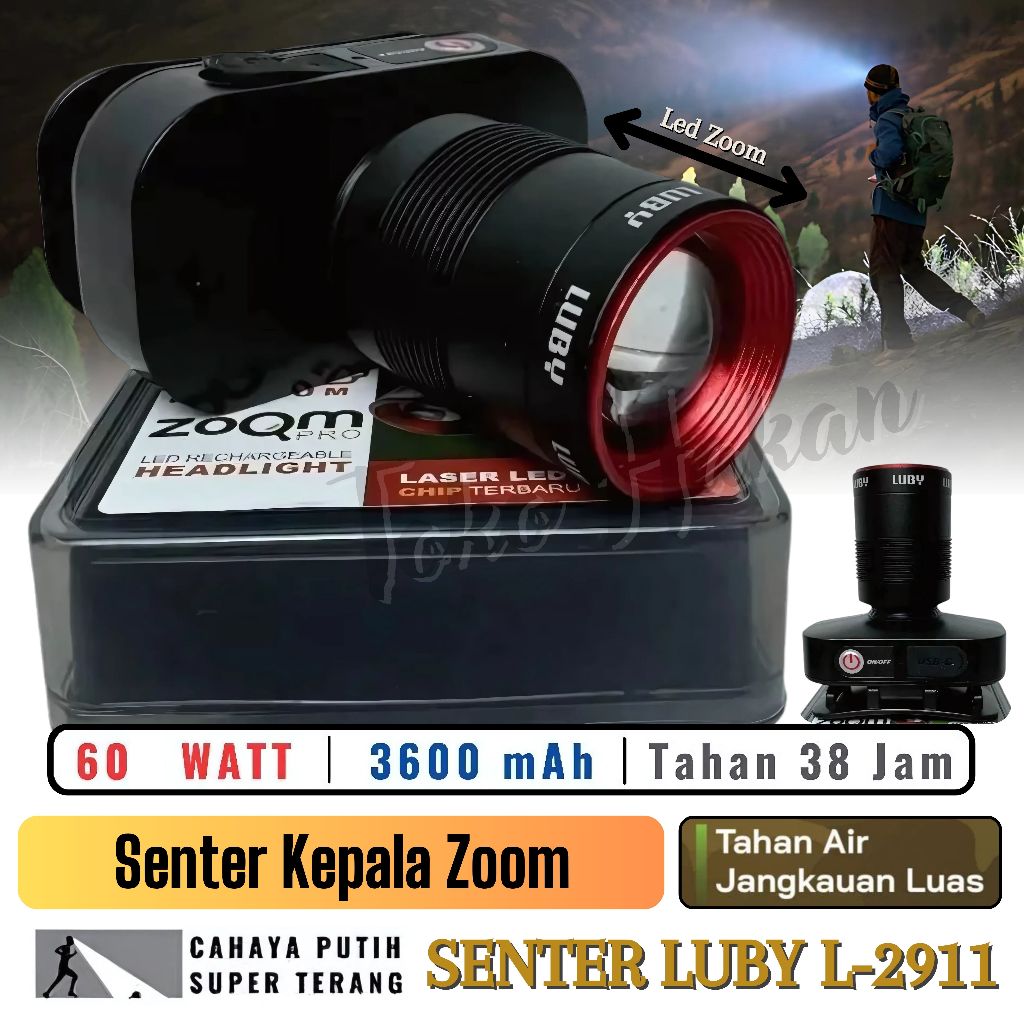 Jual Senter Kepala LUBY 60 Watt Led Zoom L-2911 Cahaya Putih Dan Kuning / Senter Kepala LED Luby ...