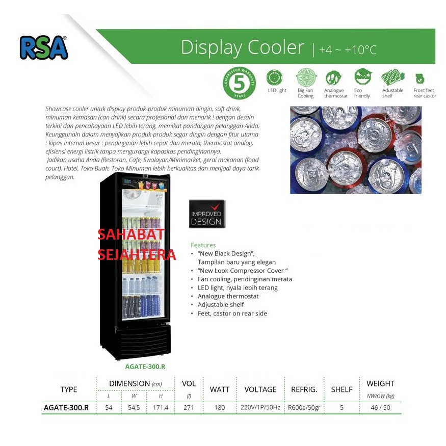 Jual RSA Showcase 1 Pintu AGATE-300.R Kulkas 1 Pintu 5 Rak Pendingin ...