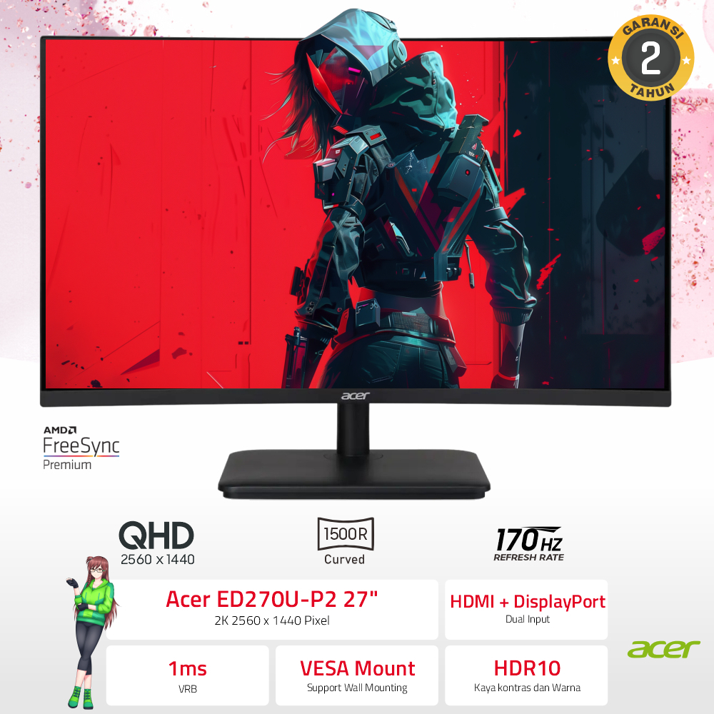 Jual Monitor Acer 27" Curved 2K 2560x1440 170Hz 1ms HDR 10 2 HDMI ...