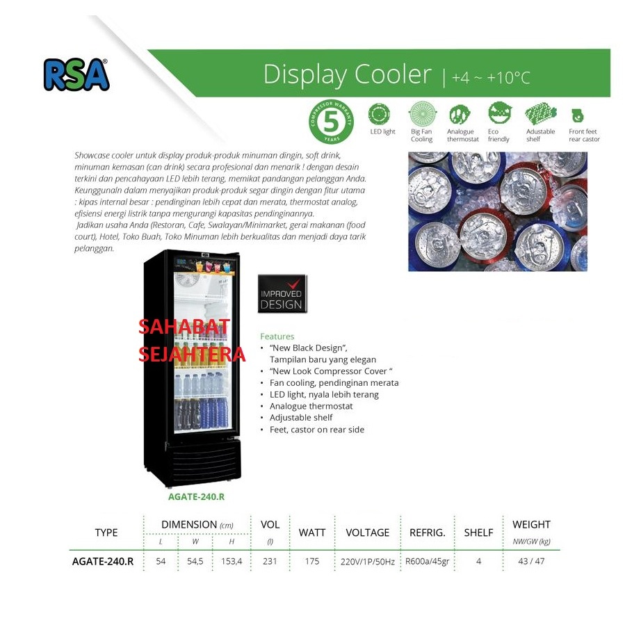Jual RSA Showcase Cooler AGATE-240-R Kulkas 1 Pintu 4 Rak kap 231 L ...