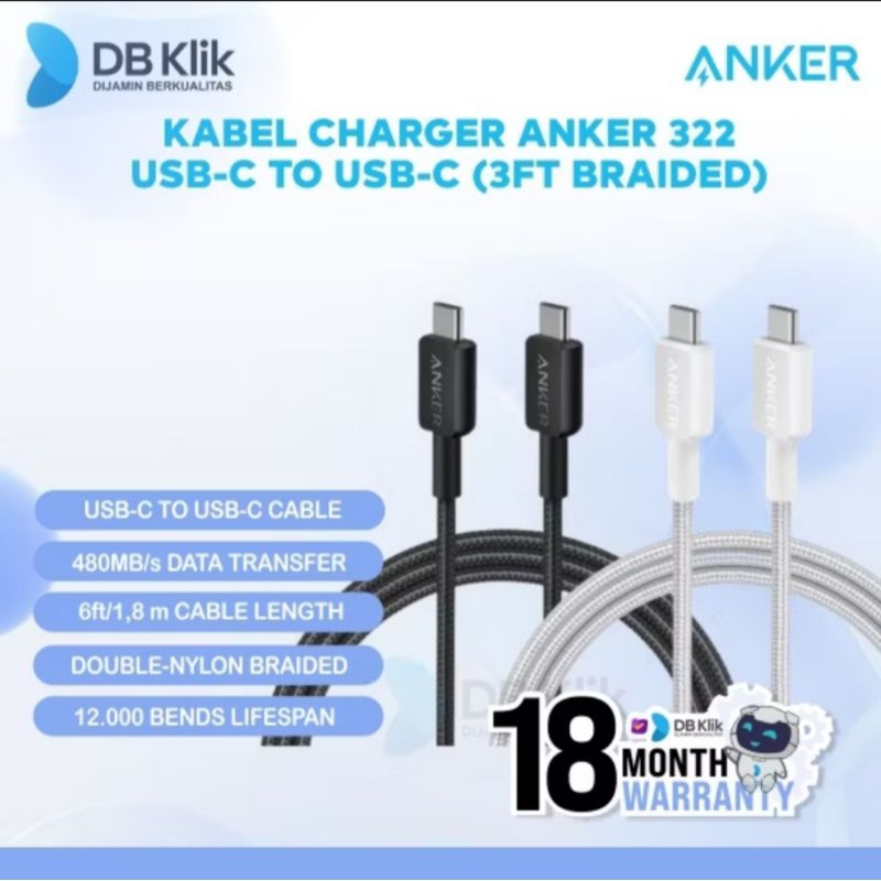 Jual kabel charger angker 322 USB-C to USB-C ( 3ft braided )- anker ...
