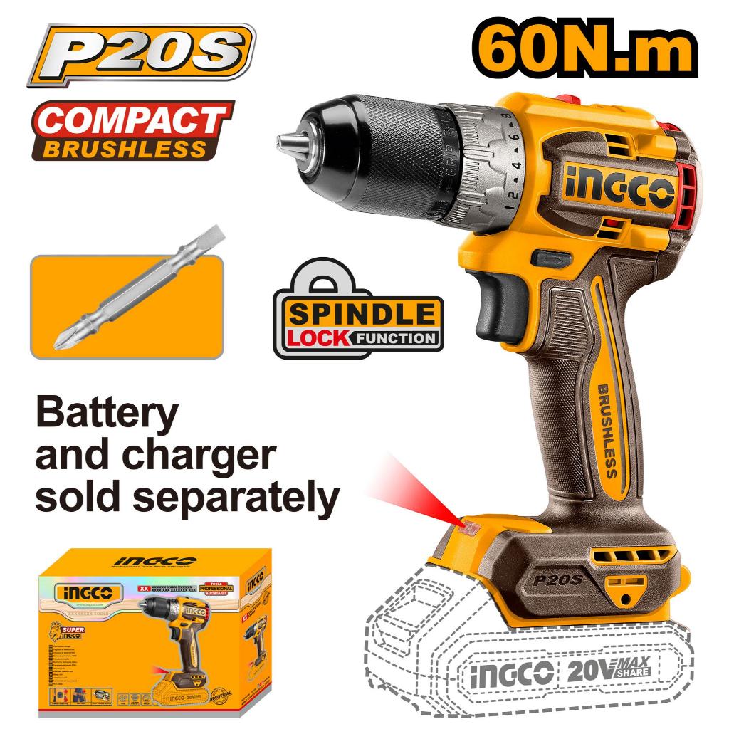 Jual MESIN BOR CORDLESS 20V BRUSHLESS (13mm) 60 Nm INGCO CDLI206021 ...