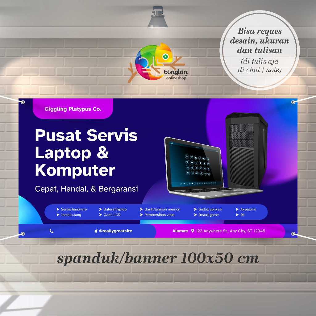 Jual Cetak Spanduk Banner Biru dan Ungu Modern Pusat Servis Laptop dan ...