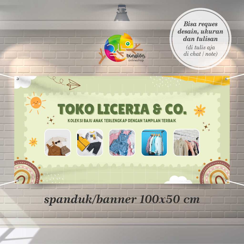 Jual Cetak Spanduk Banner Hijau Abstrak Toko Baju Anak | Shopee Indonesia