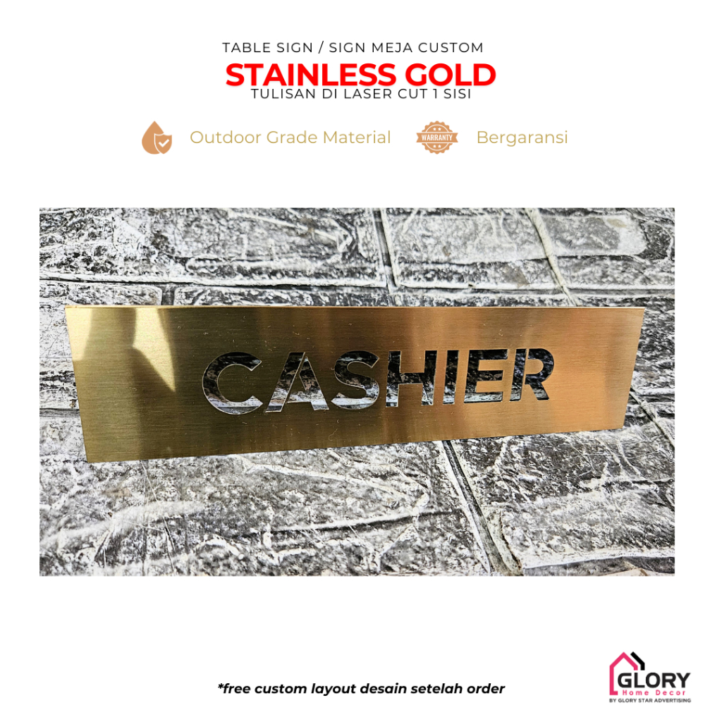 Jual Sign Meja / Table Sign Stainless Gold Laser Cutting Custom - 20cm ...