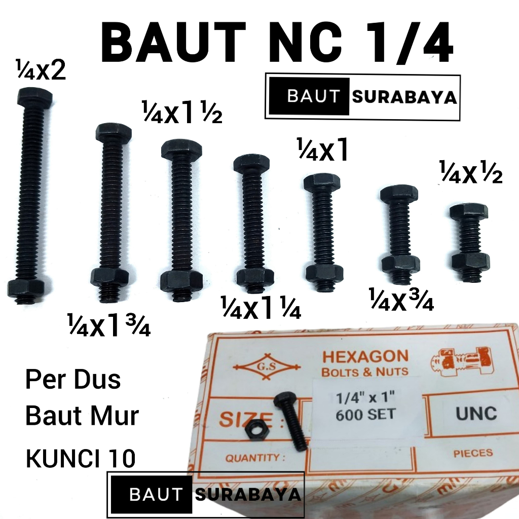 Jual 1 Dus baut mur NC / UNC 1/4 HEX hitam kunci 10 panjang 1/2 inchi ...