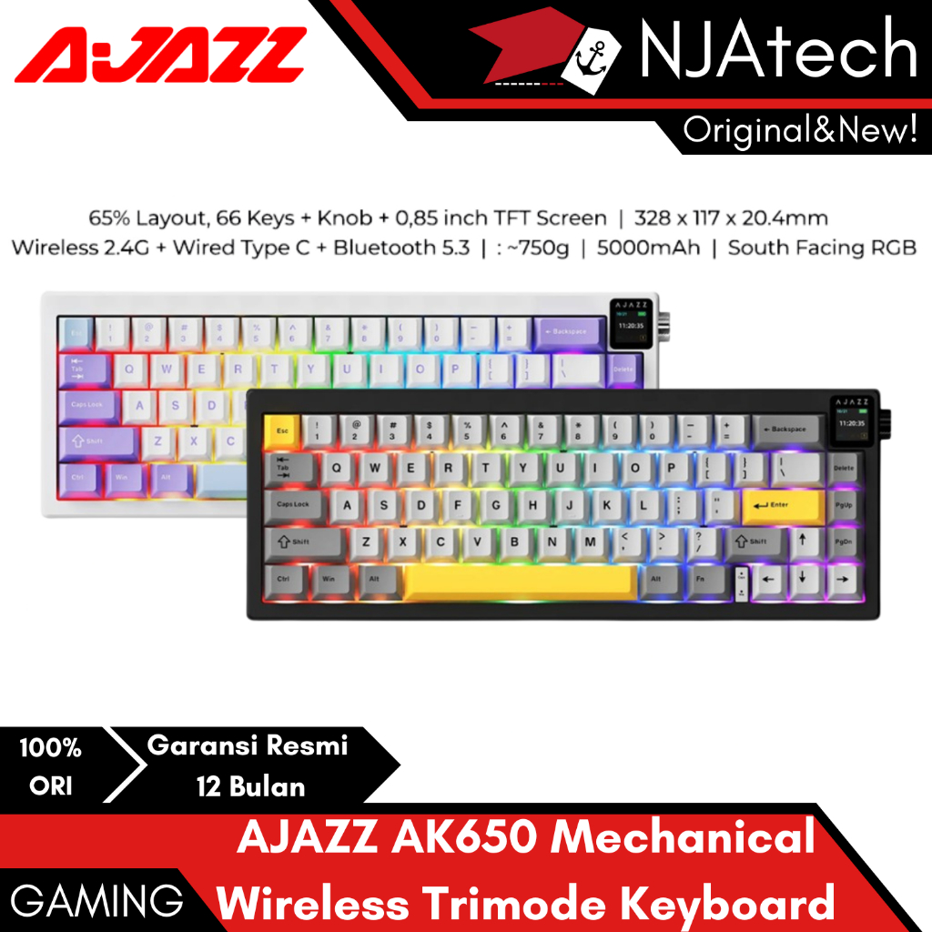 Jual Ajazz AK650 Mechanical Keyboard Three Mode RGB with 0.85-inch TFT Color Screen and Knob ...