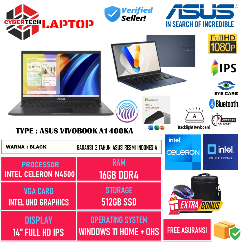 Jual Laptop Asus Vivobook 14 A1400KA Intel Celeron N4500 RAM 16GB 512GB ...