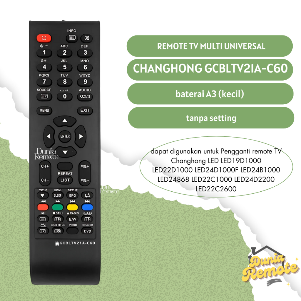 Jual Remot Remote TV CHANGHONG GCBLTV21A-C60 tanpa setting untuk LED ...
