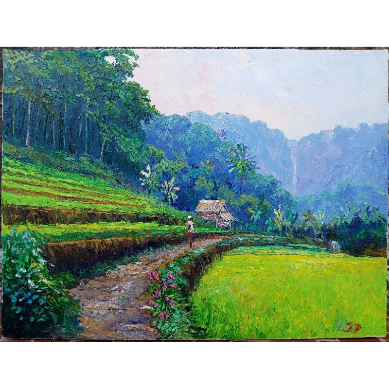 Jual Lukisan Permandangan sawah menghijau luas membentang suasana ...