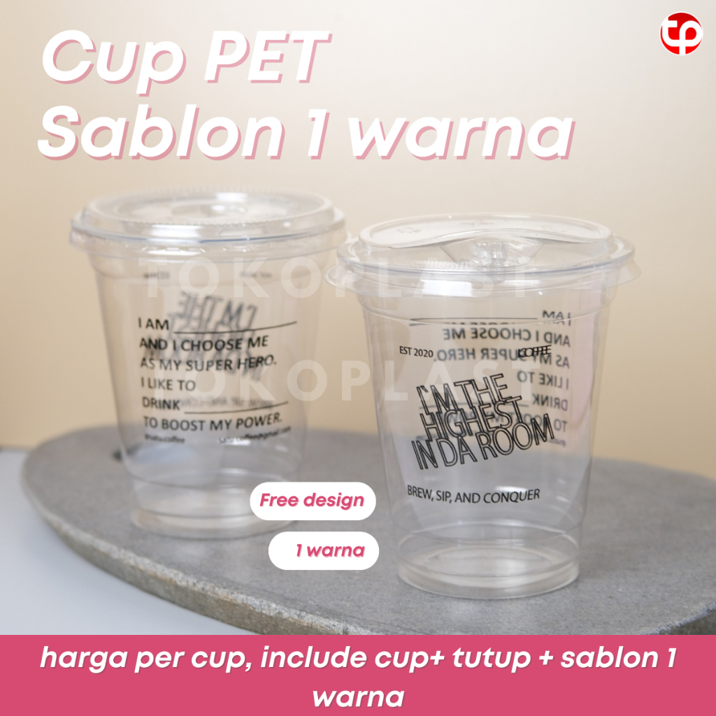 Jual (CUSTOM) CUP PET STARINDO STRAWLESS LID 12 14 16 OZ SABLON 1 WARNA ...