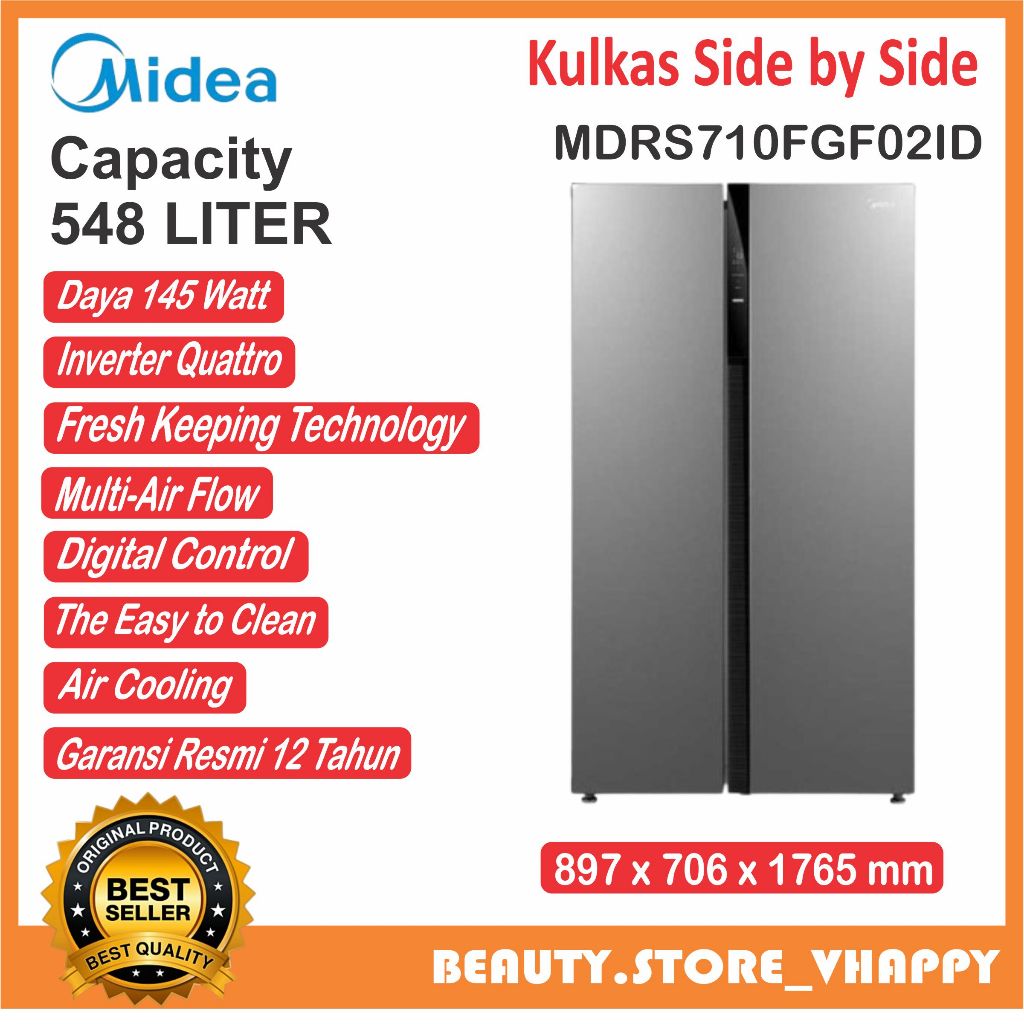 Jual Kulkas Side By Side MIDEA 2 Pintu 548 Liter Silver MDRS-710FGF02ID ...