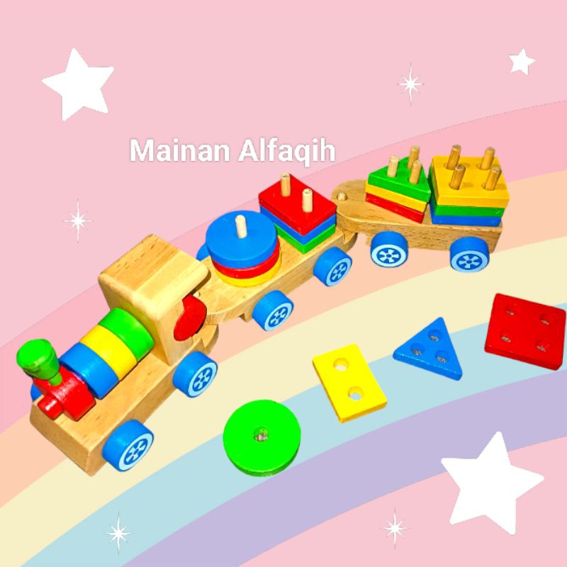 Jual Mainan Edukasi Anak Susun Balok Kereta Api Geometri Warna Warni ...