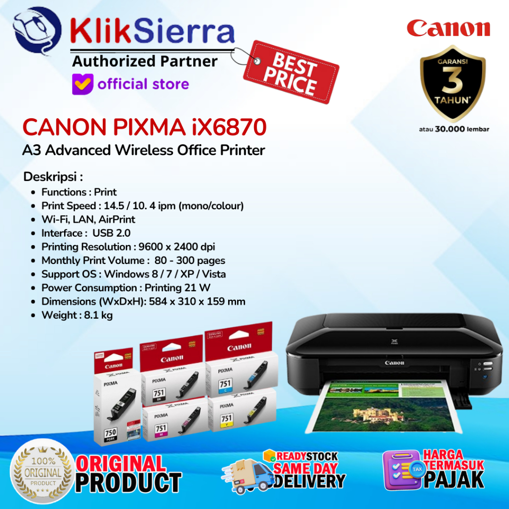 Jual Printer A3 Canon Pixma IX6870 Print Wifi LAN IX-6870 Inkjet ...