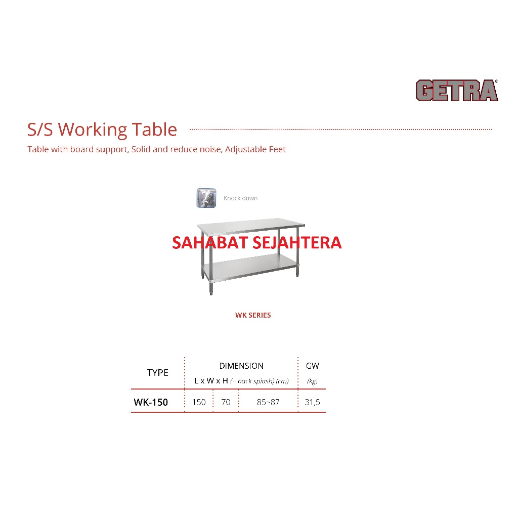 Jual GETRA Stainless Steel Working Table WK-150 Meja Kerja Stainless ...