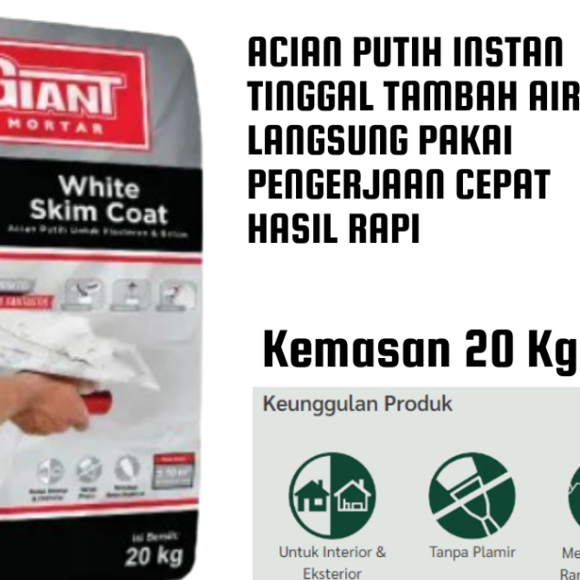 Jual Avian Giant Mortar GM 270 Semen Acian Putih White Skim Coat 20 Kg ...
