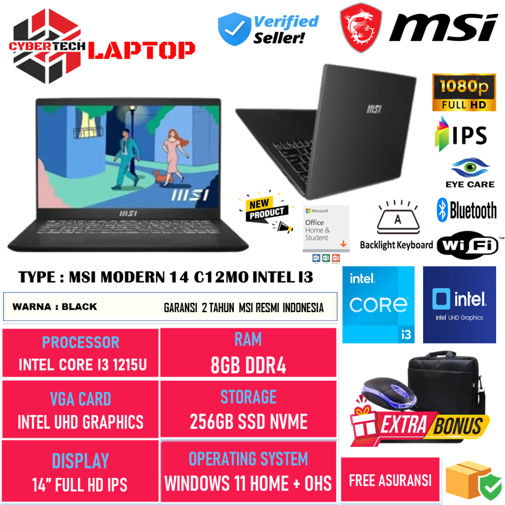 Jual Laptop MSI Modern 14 C12MO Intel Core I3 1215U RAM 8GB 256GB SSD ...