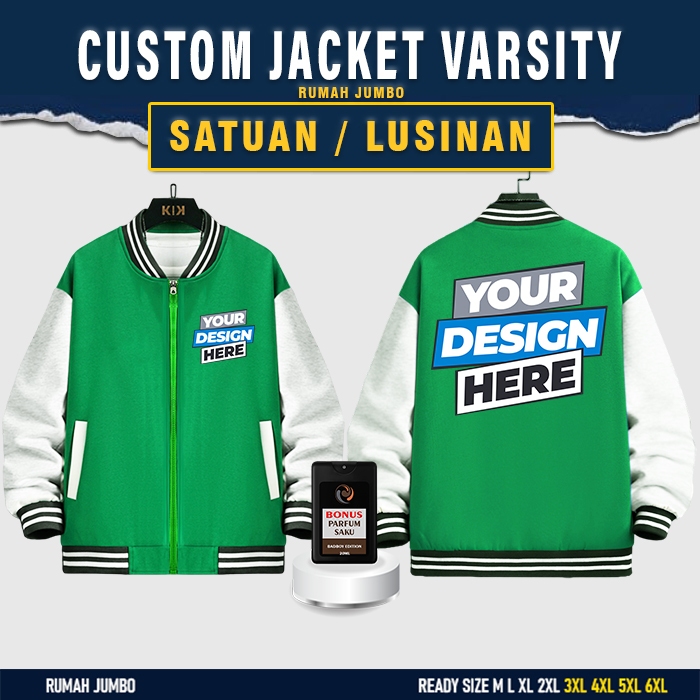 Jual Jaket Varsity Custom sablon satuan Bomber Kombinasi HIJAU GRAB ABU ...