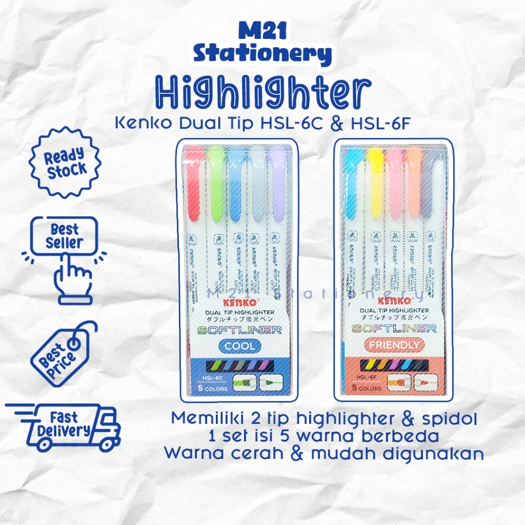 Jual (5 PCS) HIGHLIGHTER DUAL TIP KENKO HSL-6F & HSL-6C / PENANDA WARNA ...