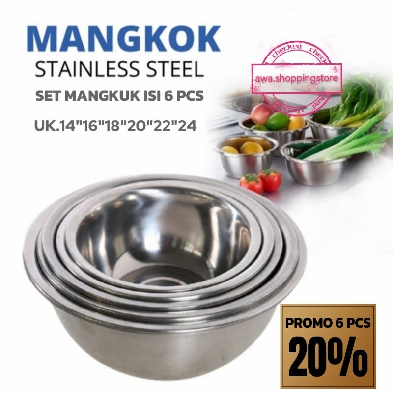 Jual [6pcs] Set Mangkok Stainless Serbaguna Varian Ukuran. 14"16"18"20"22"24 Cm | Shopee Indonesia