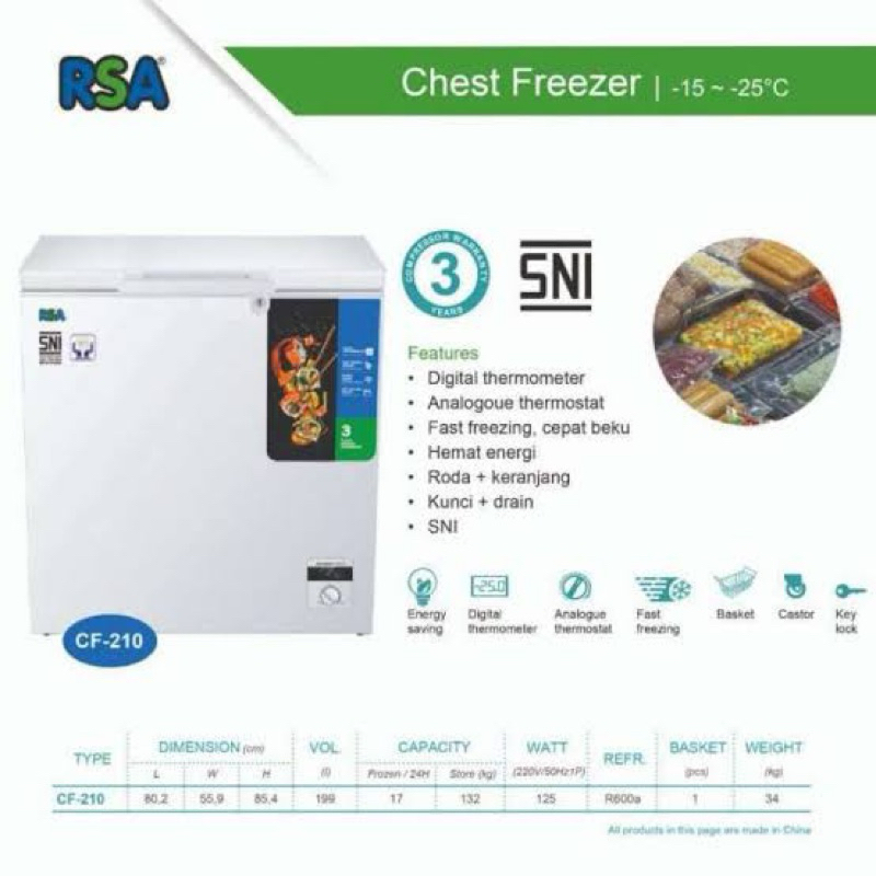 Jual CHEST FREEZER RSA CF-210 - 200 LITER - CF 210 - PETI PEMBEKU ...