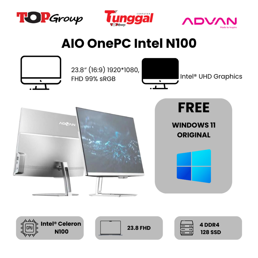 Jual ADVAN OnePC Intel N100 4GB 128GB 24" FHD Windows 11 All In One PC AIO | Shopee Indonesia