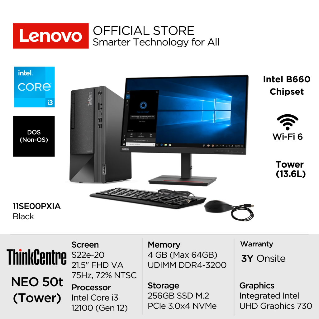Jual Lenovo PC ThinkCentre Neo 50t PXIA Intel Core i3 12100 DOS 4GB 256GB SSD Tower 13.6L ...