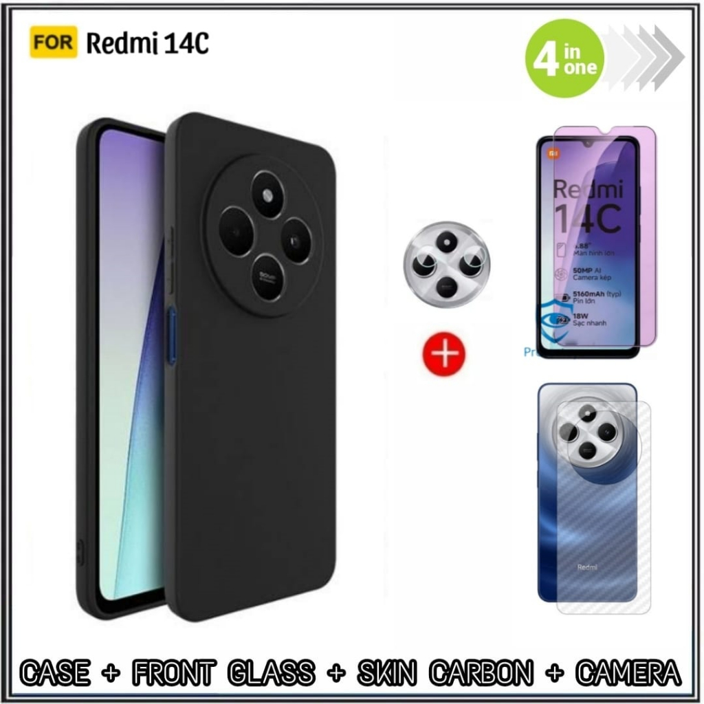 Jual Paket 4in1 Soft Case Redmi 14C Casing Cover +Tempered Glass Blue ...