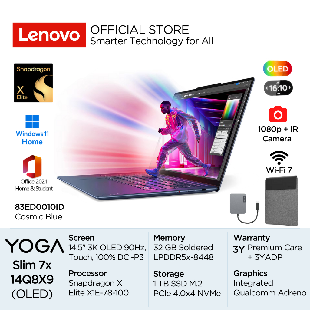 Jual Lenovo Yoga Slim 7x 14Q8X9 10ID Snapdragon X Elite X1E-78-100 Win11 32GB 1TB SSD 14.5" 3K ...