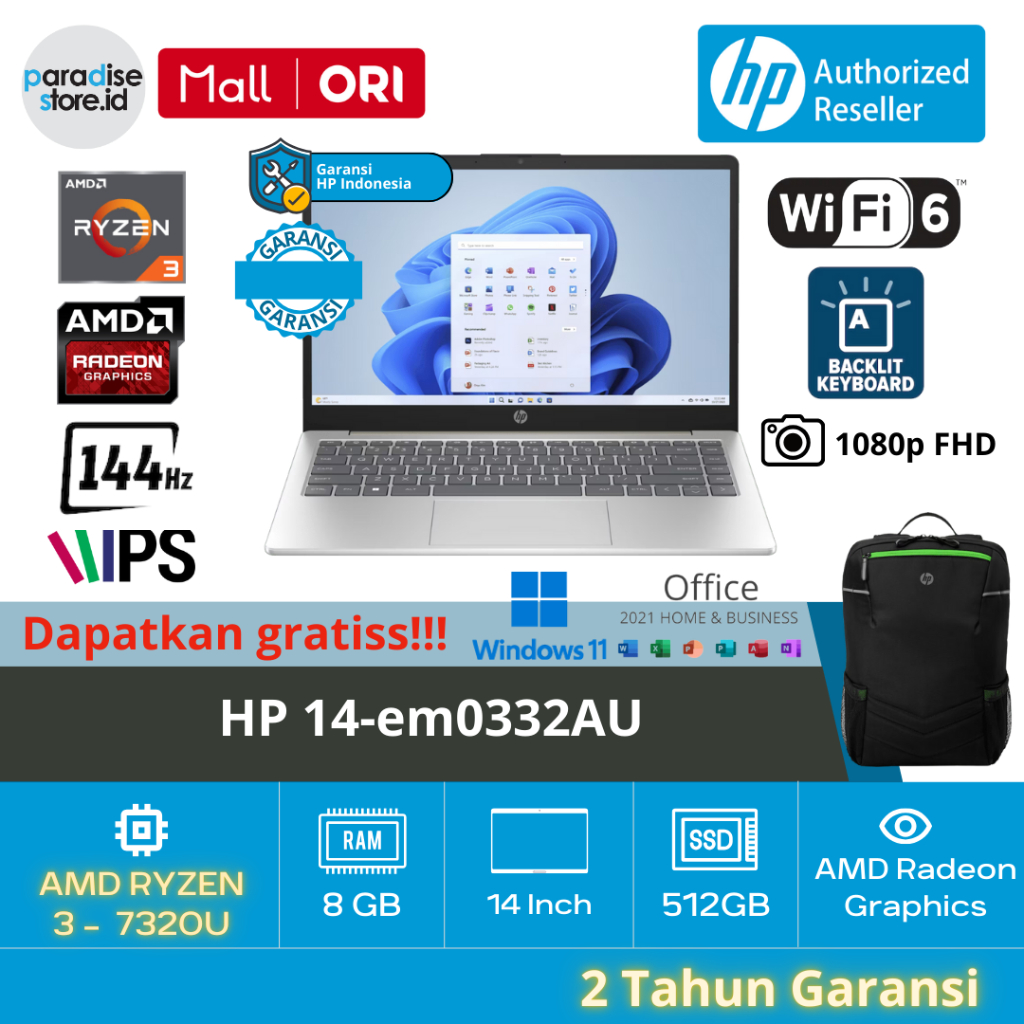 Jual Laptop HP 14-em0332AU Ryzen 3-7320U 14" FHD IPS 8GB 512GB SSD ...