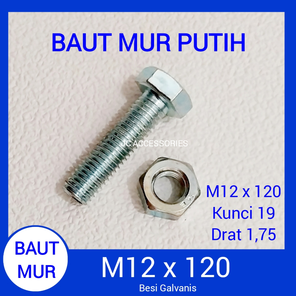 Jual BAUT MUR PUTIH M12x120 HALF DRAT KUNCI 19 PITCH 1,75 BMP 12X120 BMP M12X120 M12 x 120 BAUT ...