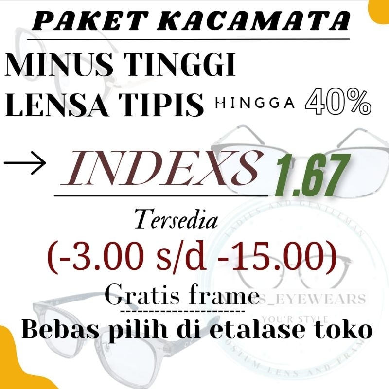 Jual PAKET KACAMATA MINUS TINGGI LENSA TIPIS HINGGA (40%)INDEKS 1.67 CASTEM UKURAN GRATIS FREM ...