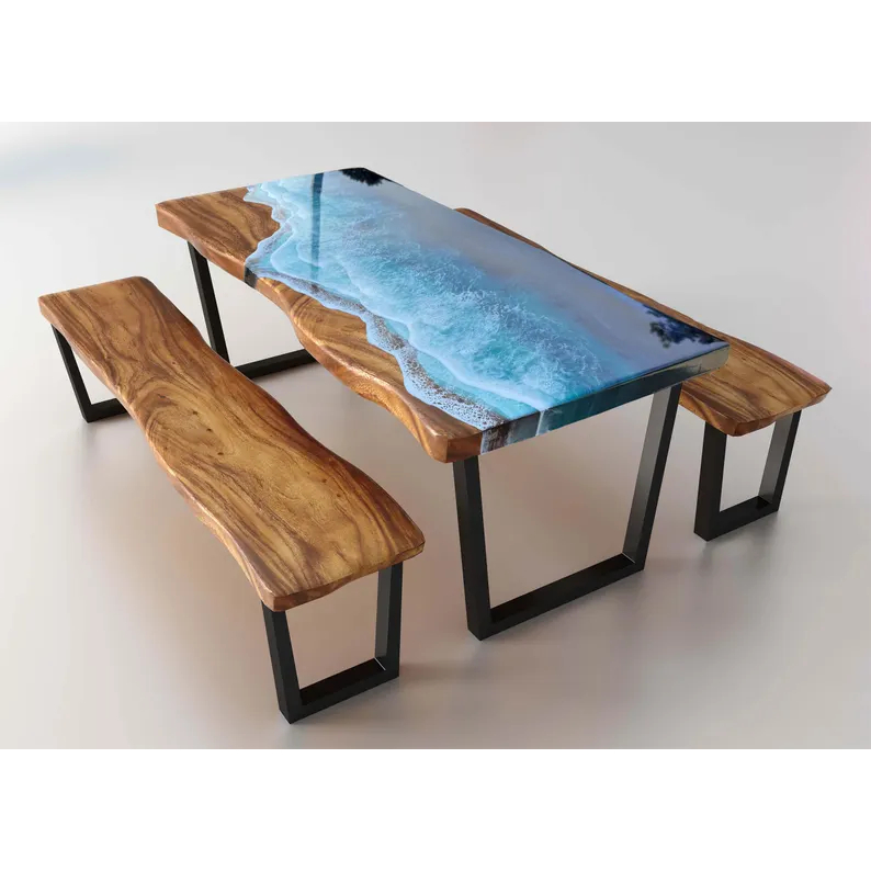 Jual Meja Makan Ruang Tamu Resin Kayu Satu Set Biru Ombak Laut Modern ...