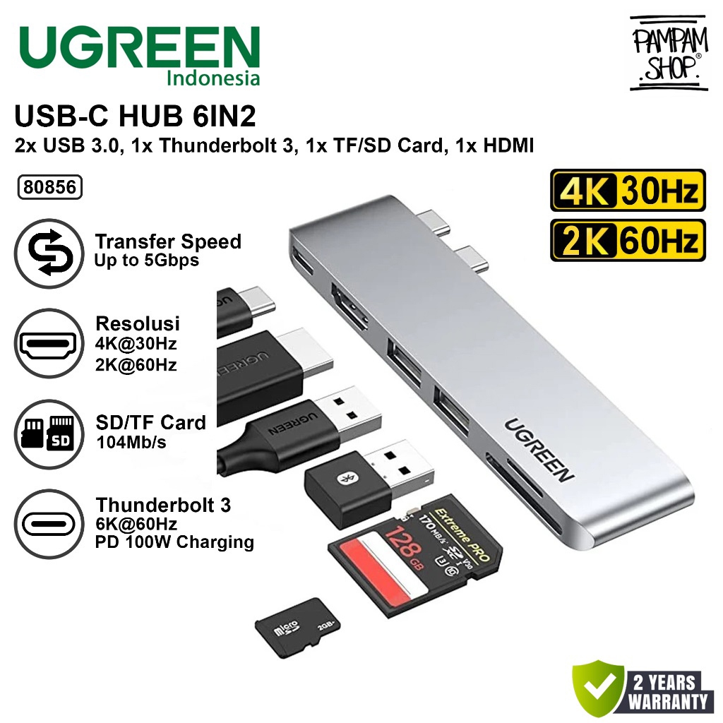 Jual UGREEN 80856 HUB Thunderbolt 6 in 2 Dual Type C to HDMI 4K 30HZ 2 ...