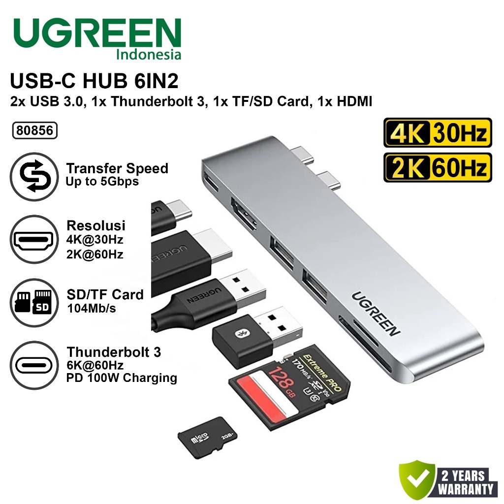 Jual UGREEN 80856 HUB Thunderbolt 6 in 2 Dual Type C to HDMI 4K 30HZ 2 ...