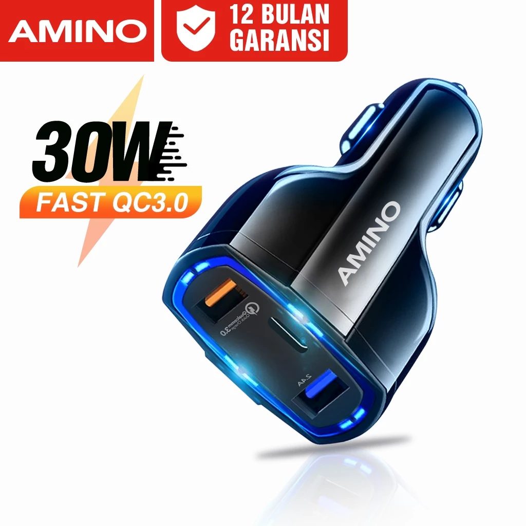 Jual AMINO AM-C01 Car Charger Fast Charger 3 Port USB QC 3.0 Type C ...