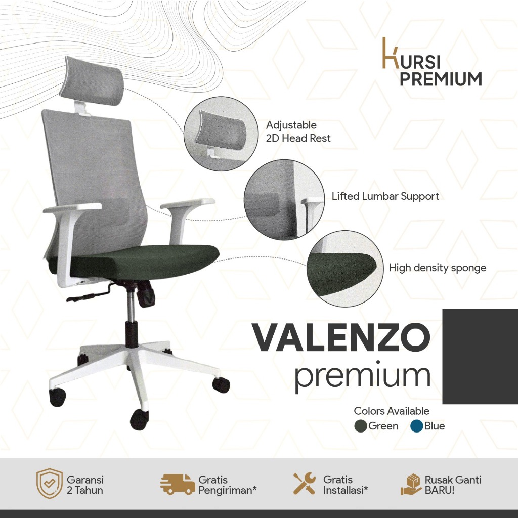 Jual VALENZO Premium Kursi Ergonomis Untuk Kantor Gamer Mesh Hijau Biru Bergaransi | Shopee ...