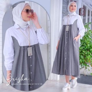 Jual Grisha Midi Dress Bahan Polo Linen Mix Katun Salur OOTD Kekinian Yang Viral Style Modern ...