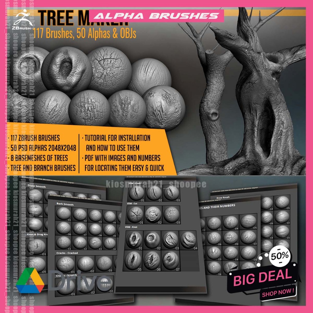 Jual Tree Maker 117 ZBrush Brushes, 50 Alphas and 8 Tree Basemeshes ...